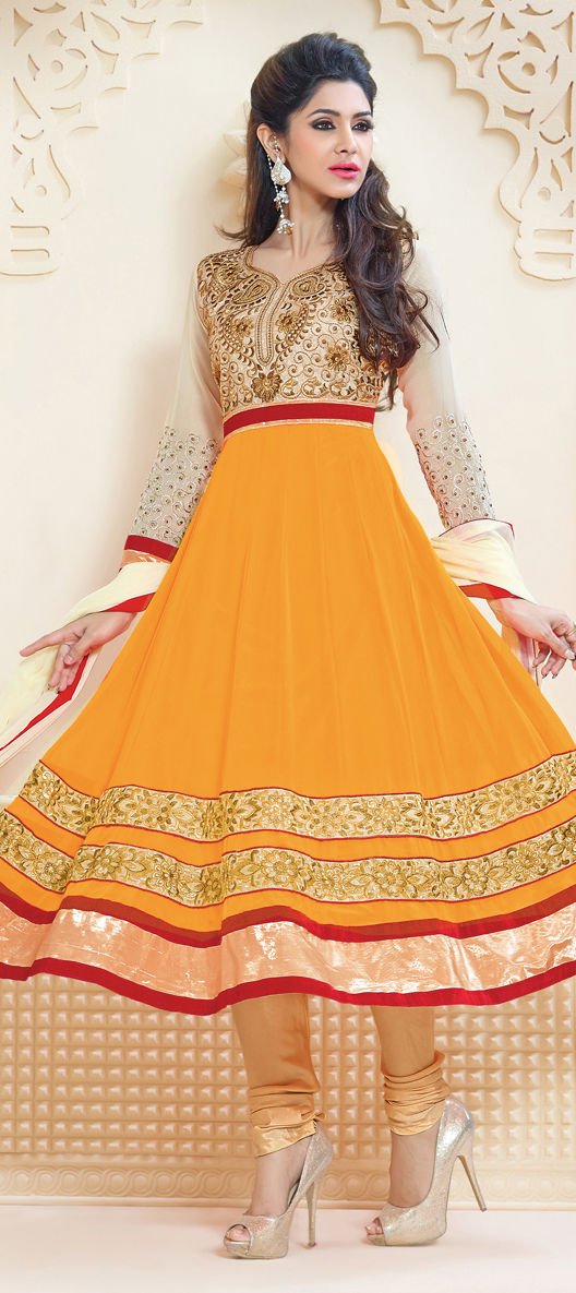 411475: Casual, Festive Orange color Faux Georgette fabric Salwar Kameez