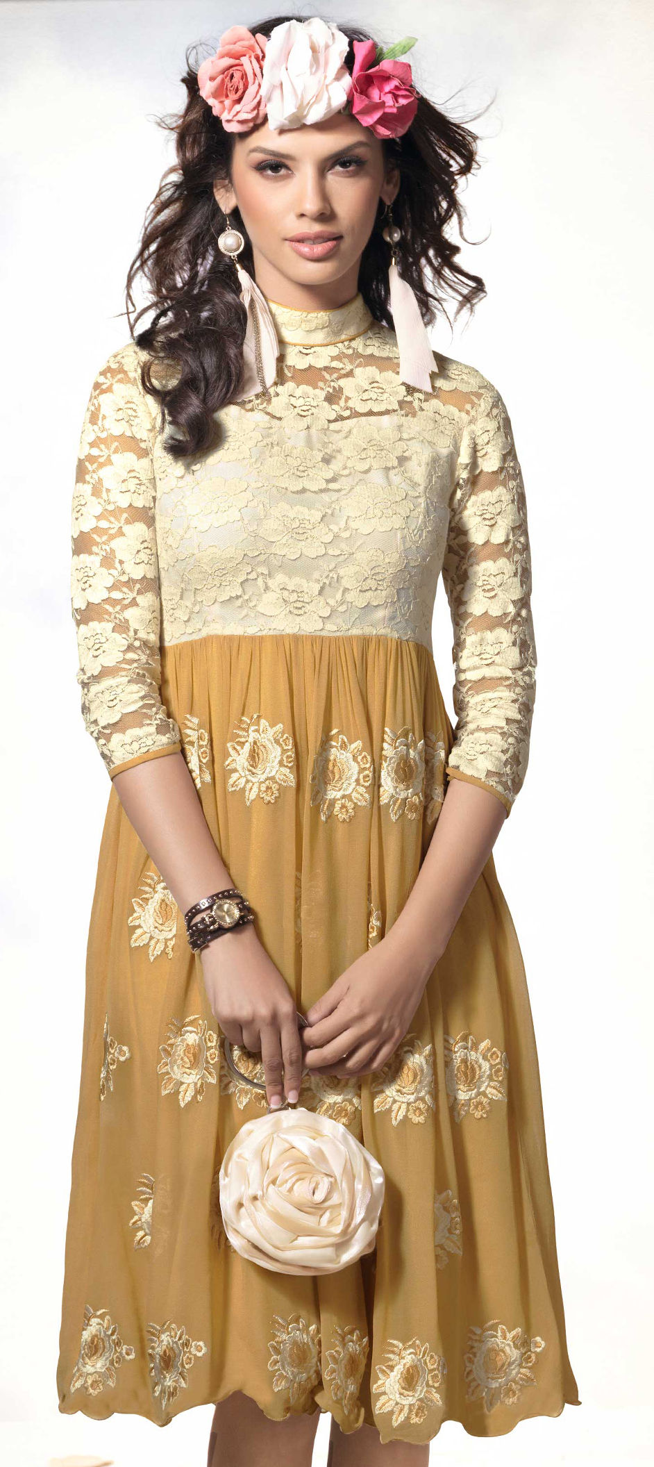 423841: Beige and Brown,White and Off White color family stitched Kurti