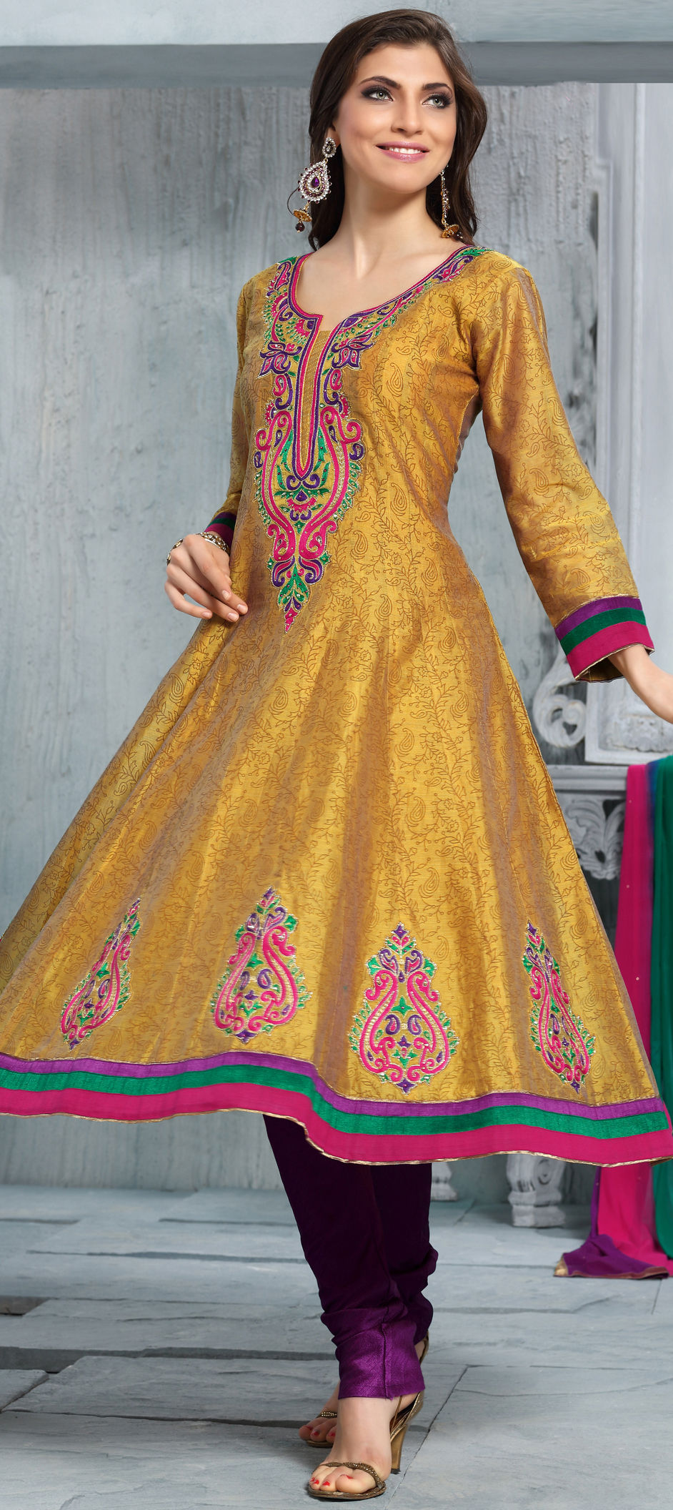 443434: Gold color family stitched Anarkali Suits