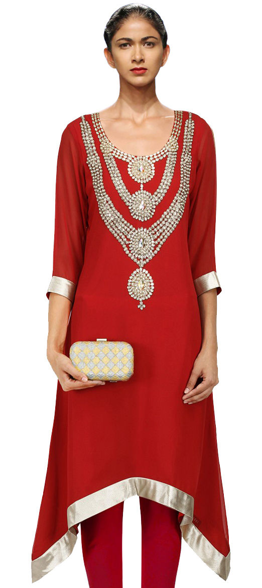 450571: Red and Maroon color family stitched Long Kurtis