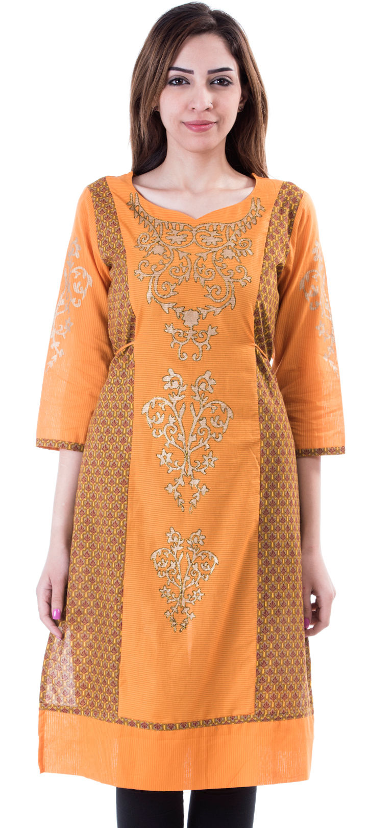 453654: Orange color family stitched Cotton Kurtis,Kurti