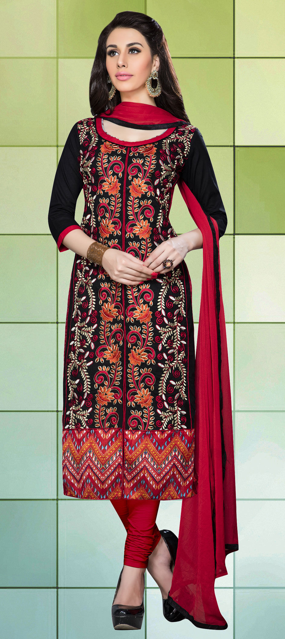 Party Wear Black and Grey color Cotton fabric Salwar Kameez : 459843