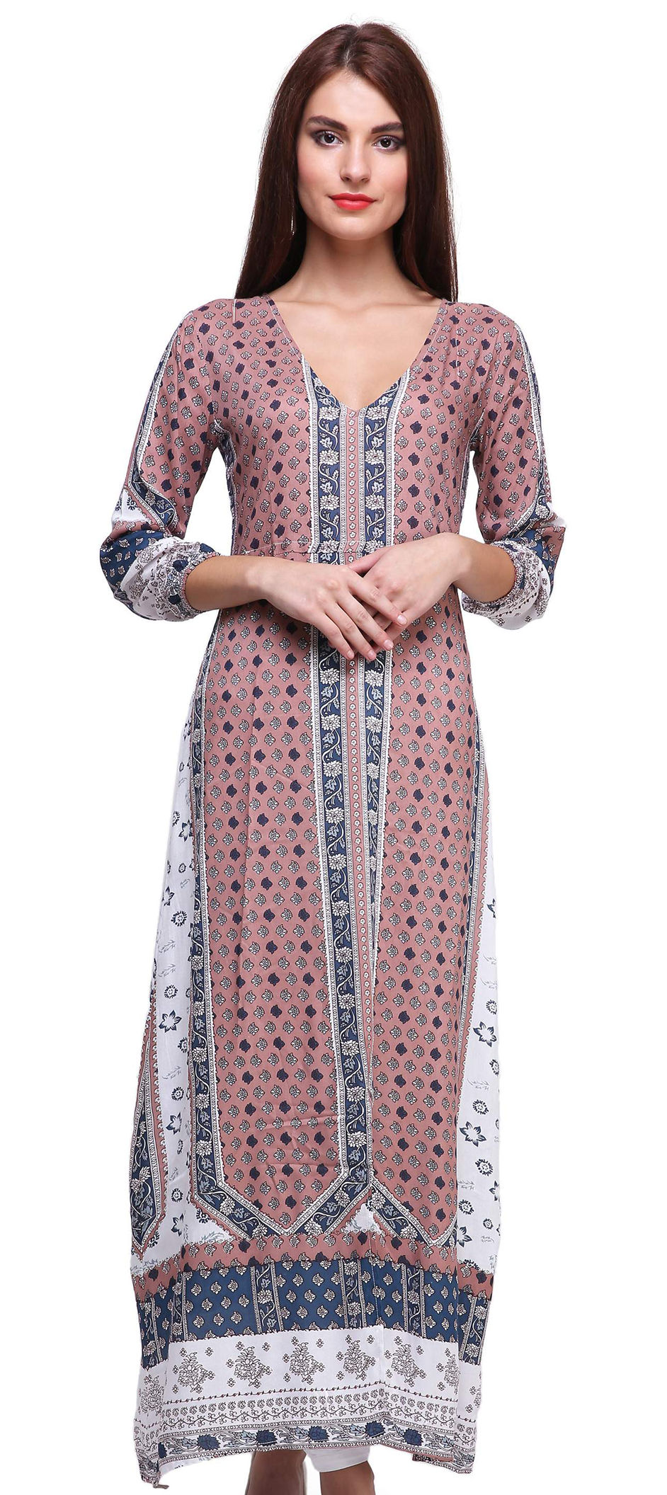 474438: Multicolor color family stitched Long Kurtis, Printed Kurtis