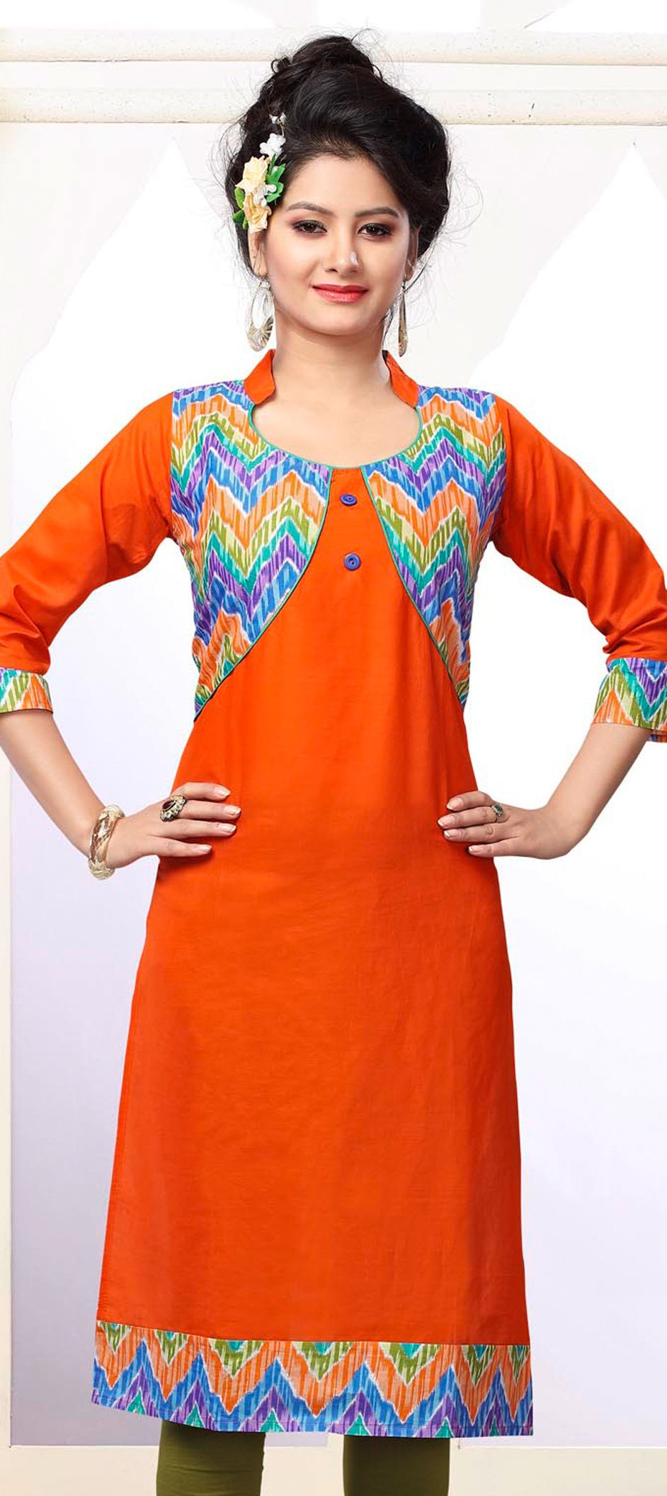 479052: Orange color family stitched Cotton Kurtis, Printed Kurtis