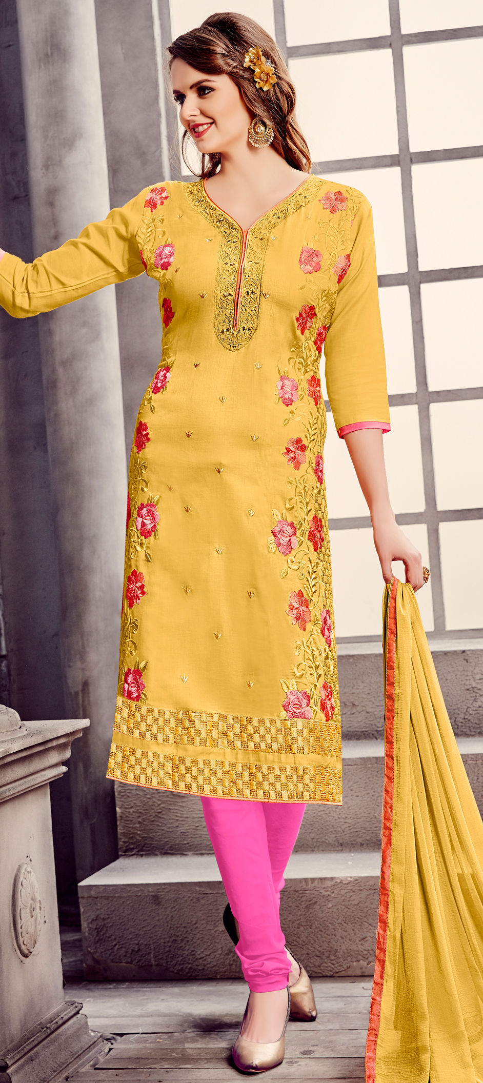483166: Yellow color family semi-stiched Cotton Salwar Kameez, Party ...
