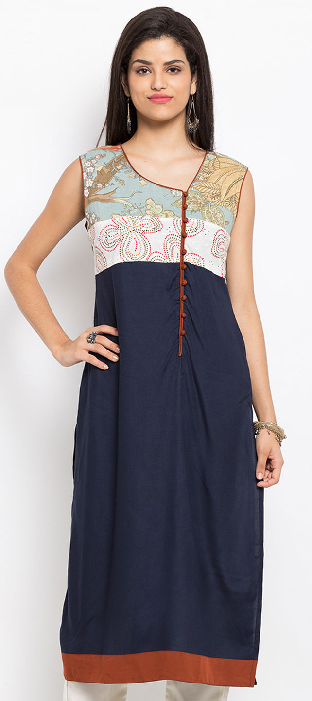 489041: Blue color family stitched Cotton Kurtis, Printed Kurtis