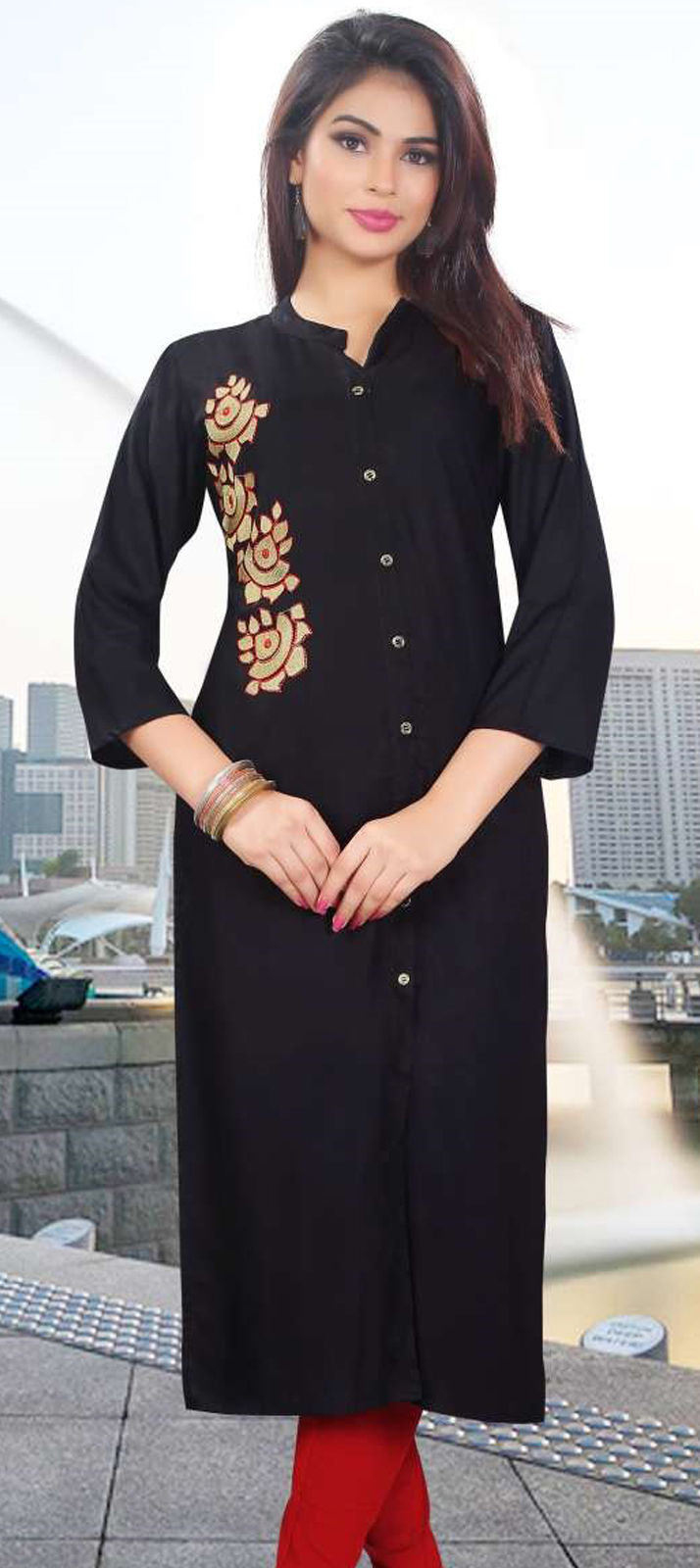 491335: Black and Grey color family stitched Long Kurtis