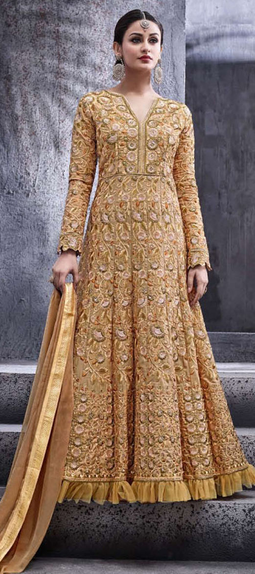 492034: Gold color family stitched Anarkali Suits