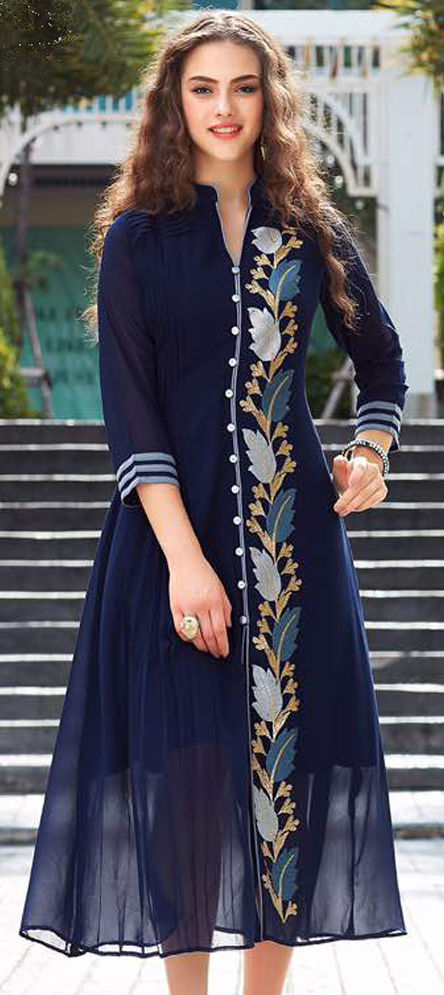 494732: Blue color family stitched Long Kurtis
