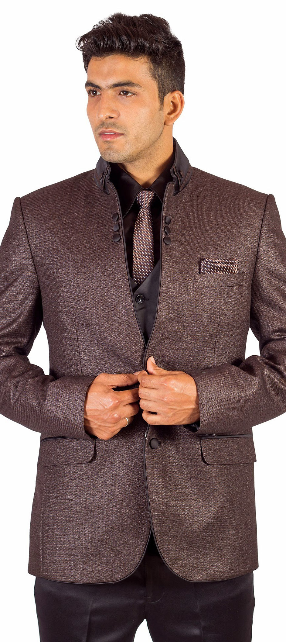 Beige and Brown color Jute fabric 3 Piece Suit (with shirt) : 501150