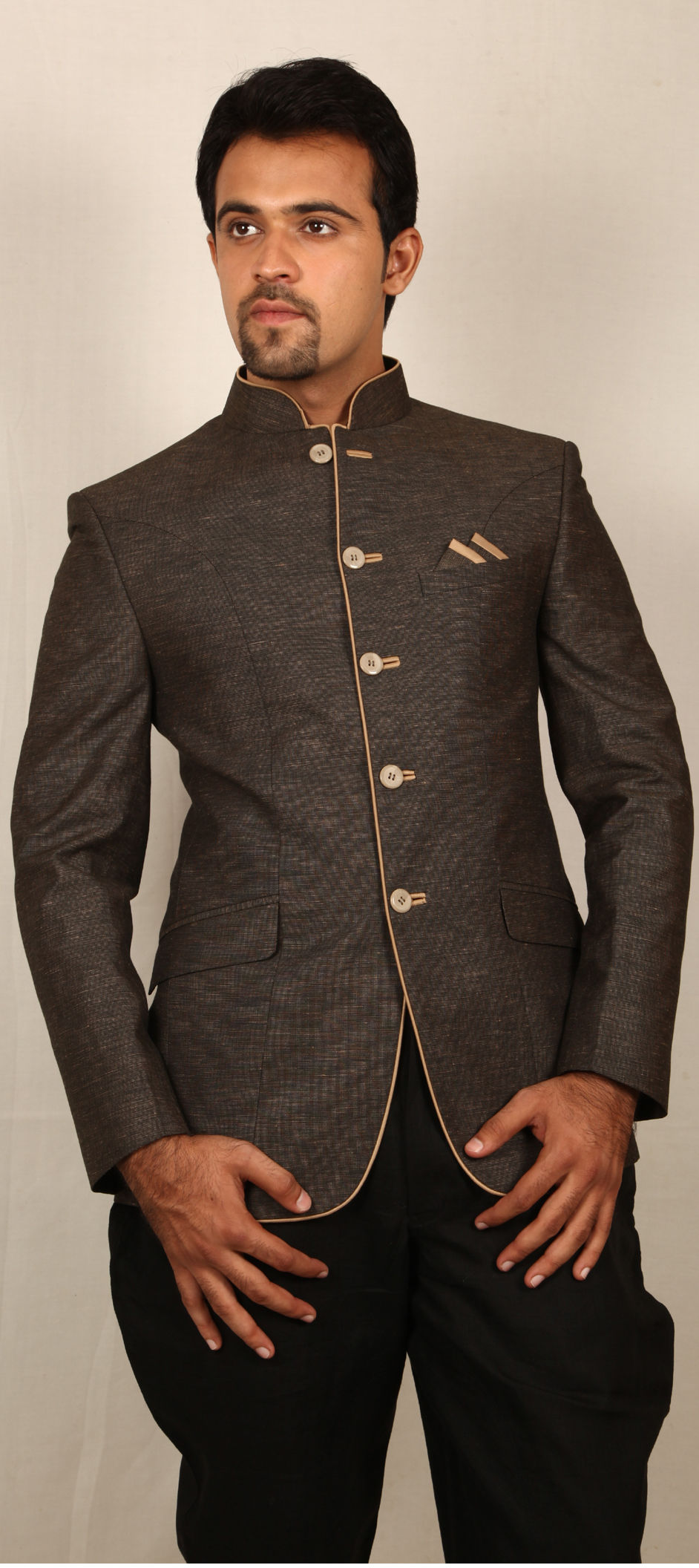 502706: Black and Grey color Jute, cotton fabric Jodhpuri Suit