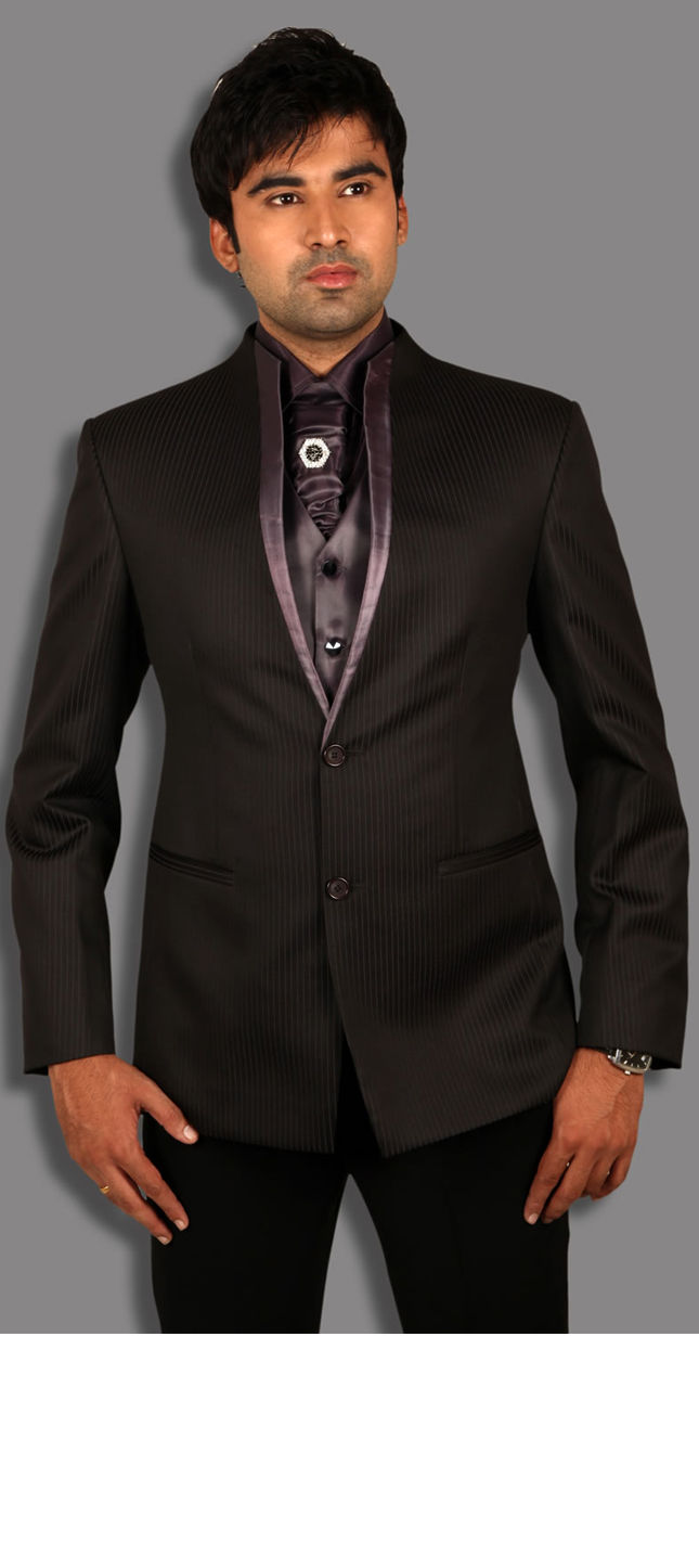 502729: Black and Grey color Brocade fabric 3 Piece Suit (with shirt)