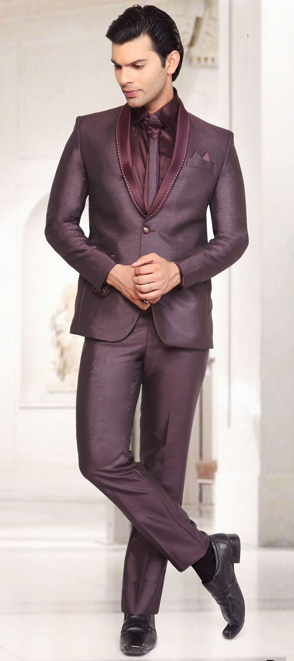503284: Purple and Violet color Brocade fabric 2 Piece Suit (with shirt)