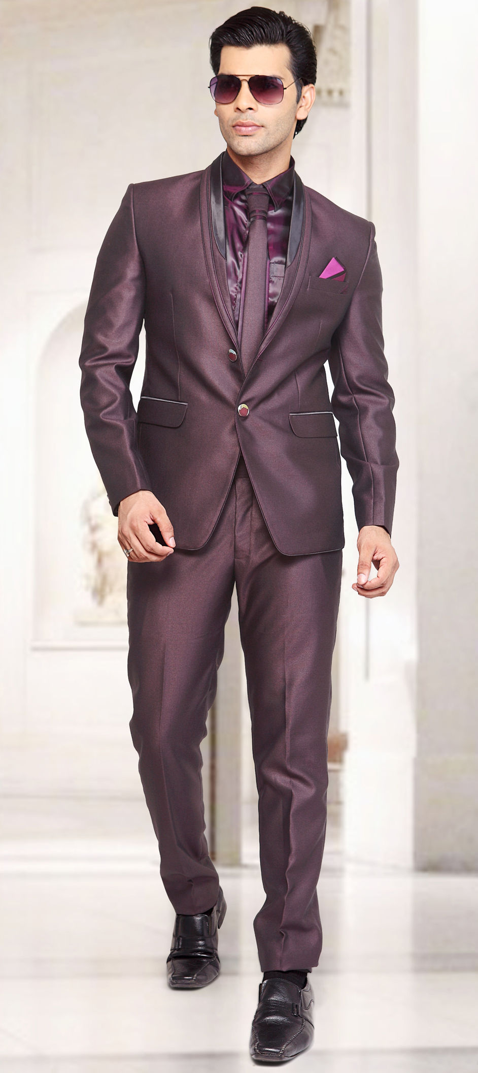 503296: Purple and Violet color Brocade fabric 2 Piece Suit (with shirt)