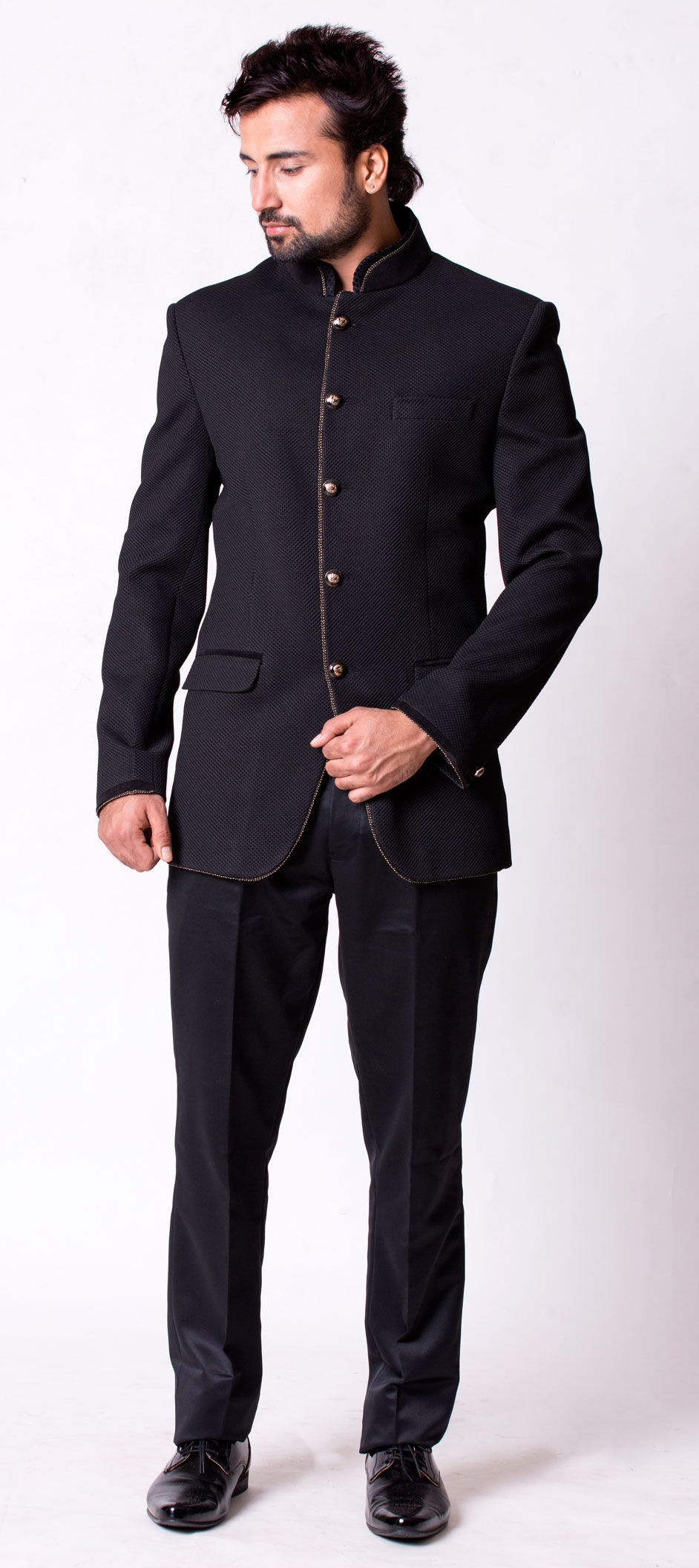 Black and Grey color Jute, Linen fabric Jodhpuri Suit : 503742