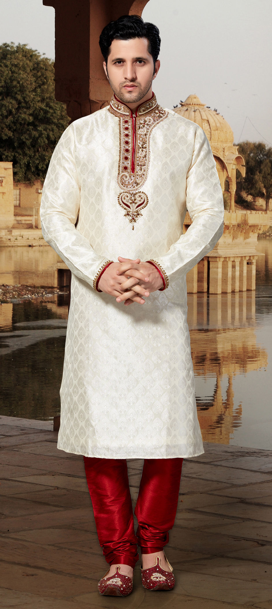 504057: Beige and Brown color Jacquard fabric Kurta Pyjamas