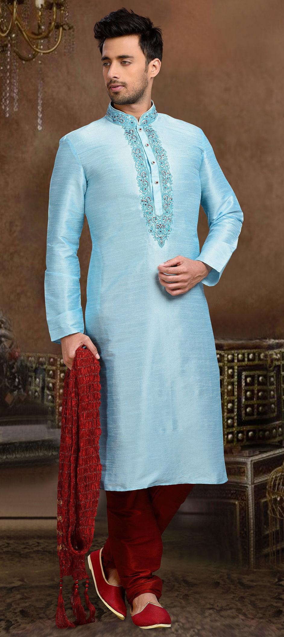 504794: Blue color Art Dupion Silk fabric Kurta Pyjamas