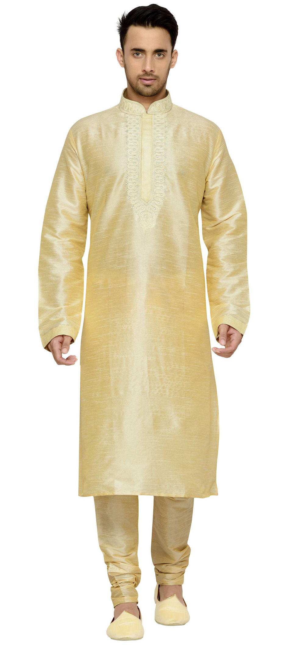 505079: Beige and Brown color Raw Dupion Silk fabric Kurta Pyjamas