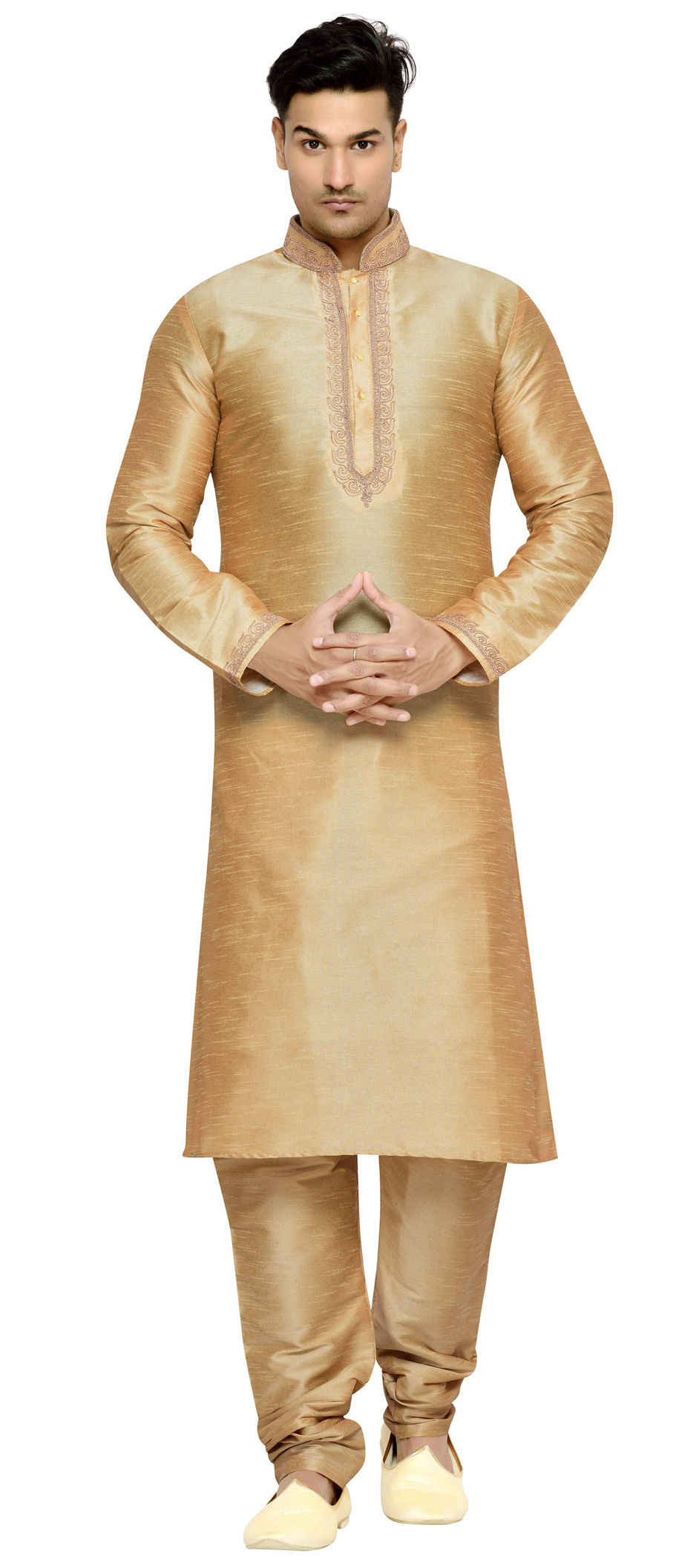 Gold color Raw Dupion Silk fabric Kurta Pyjamas : 505098