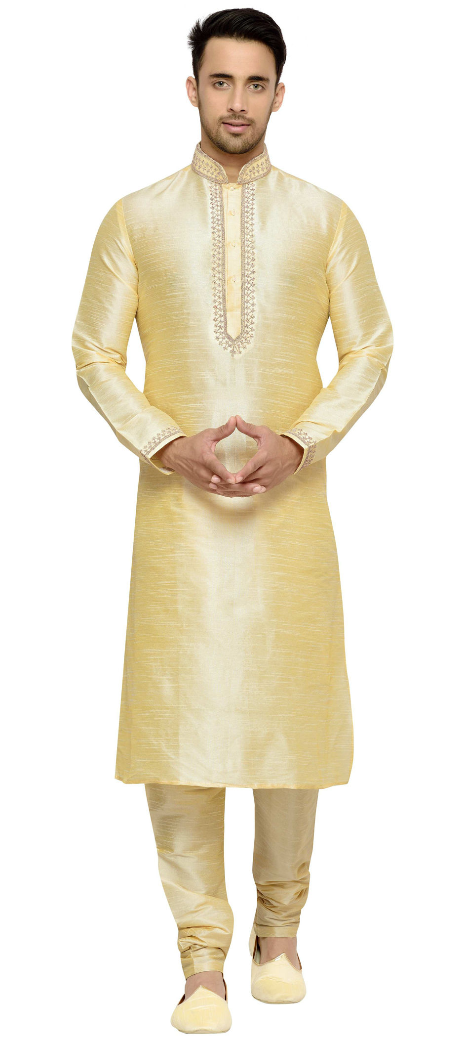 505120: Gold color Raw Dupion Silk fabric Kurta Pyjamas
