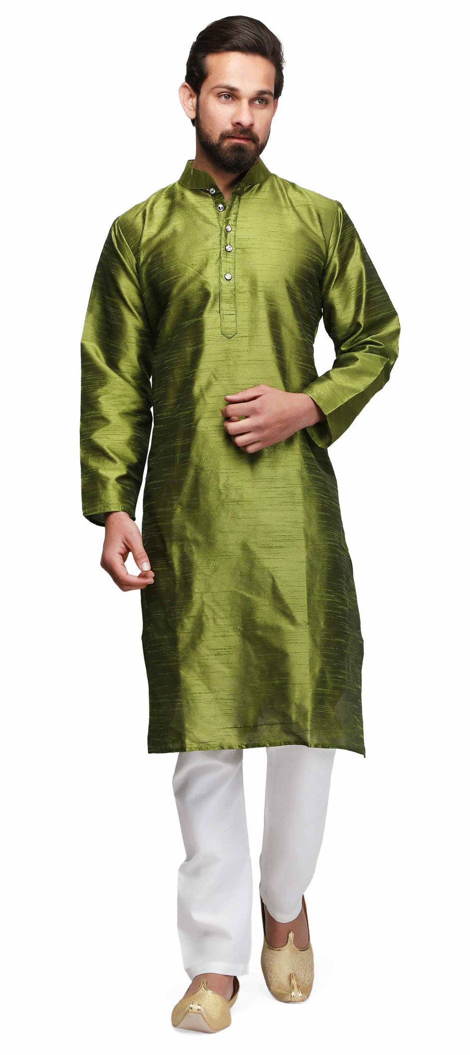 506835: Green color Raw Dupion Silk fabric Kurta Pyjamas