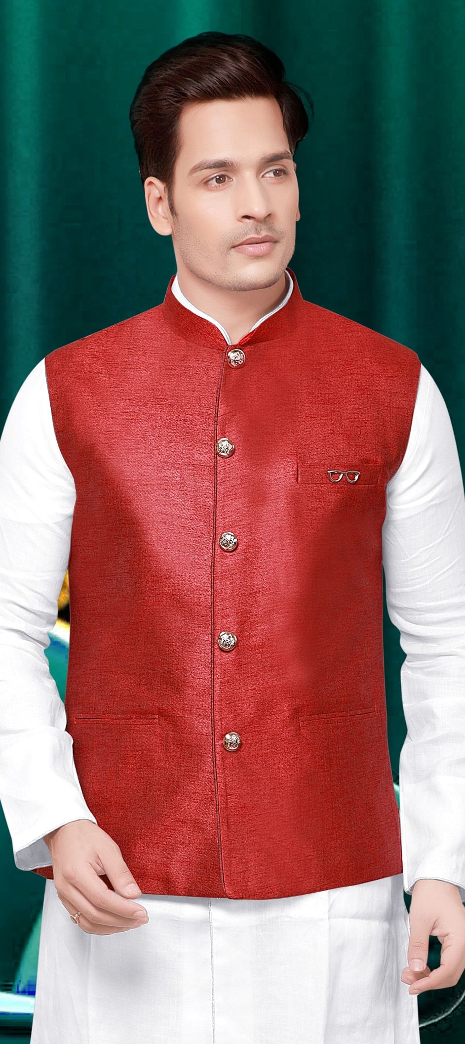 507452: Red and Maroon color Jute fabric Nehru Jacket