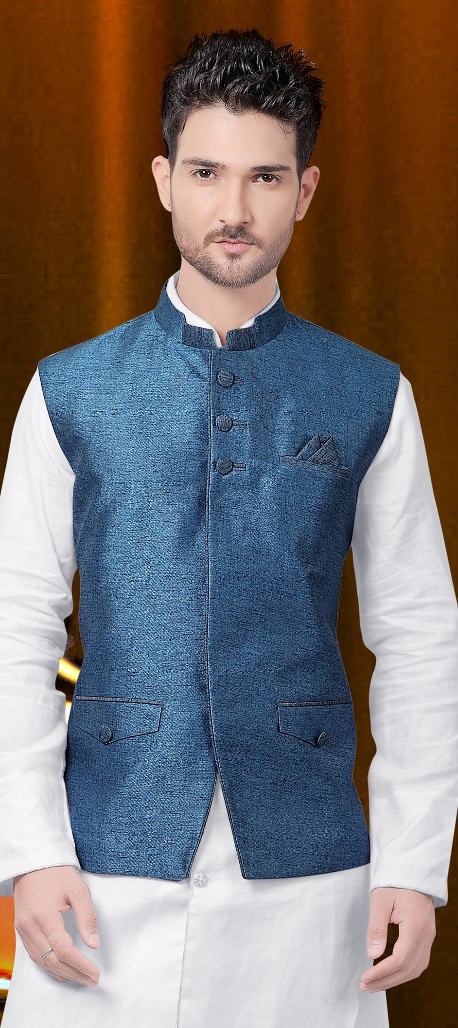 507457: Blue color Jute fabric Nehru Jacket