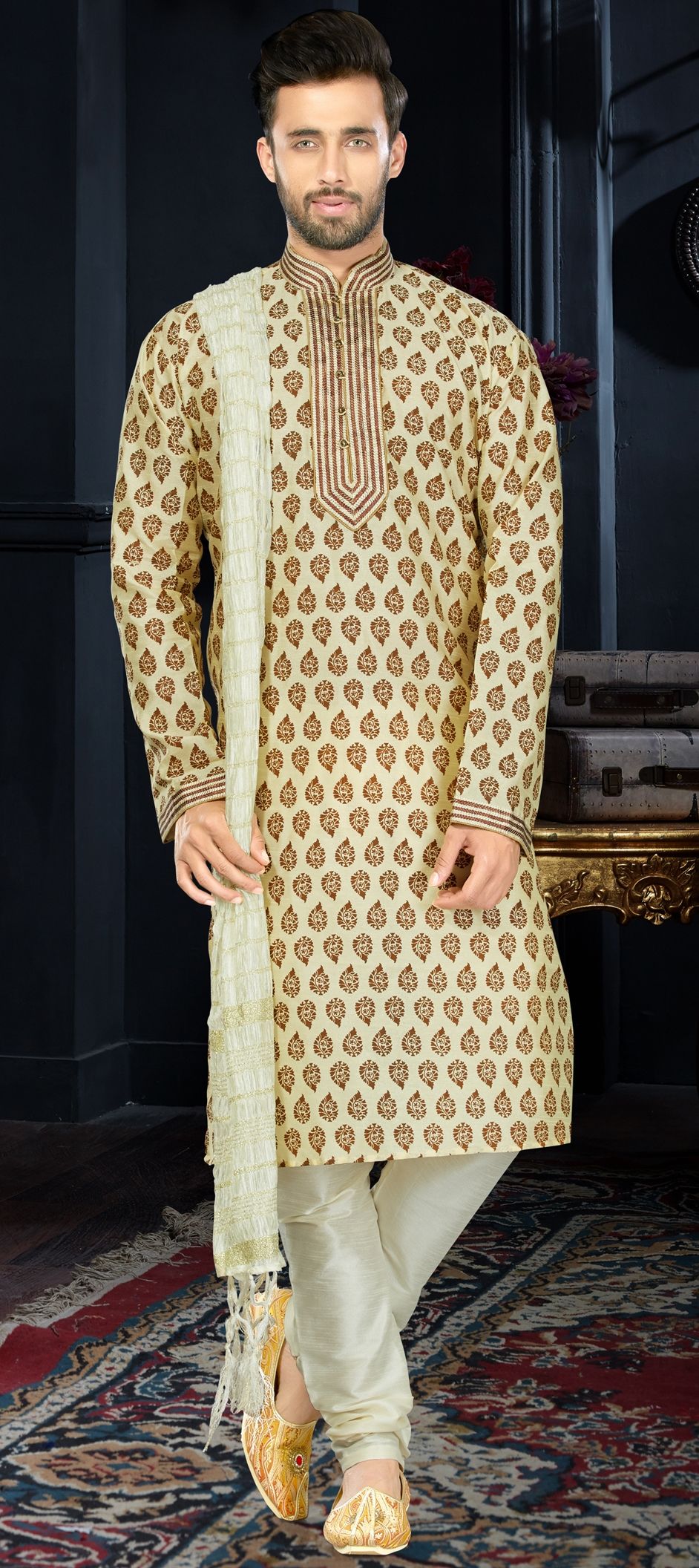 507994: Beige and Brown color Cotton fabric Kurta Pyjamas
