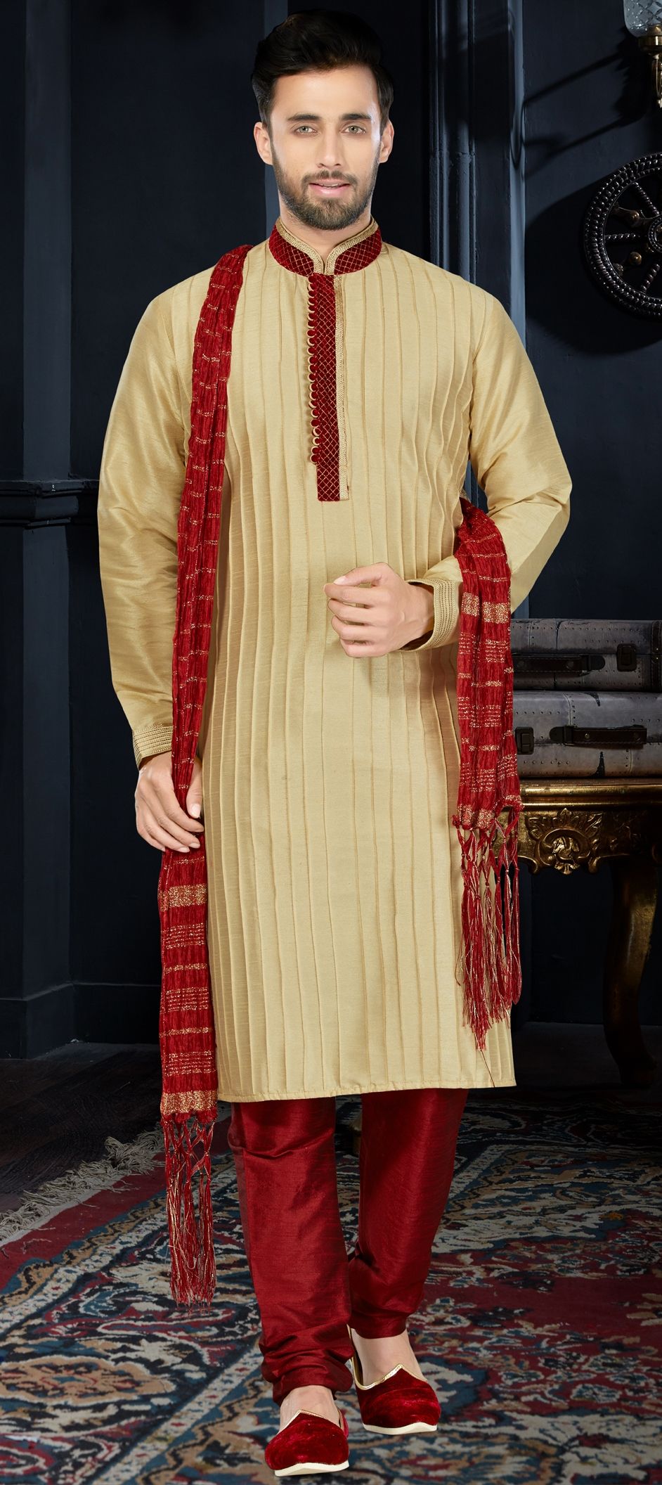 507999: Gold color Art Dupion Silk fabric Kurta Pyjamas