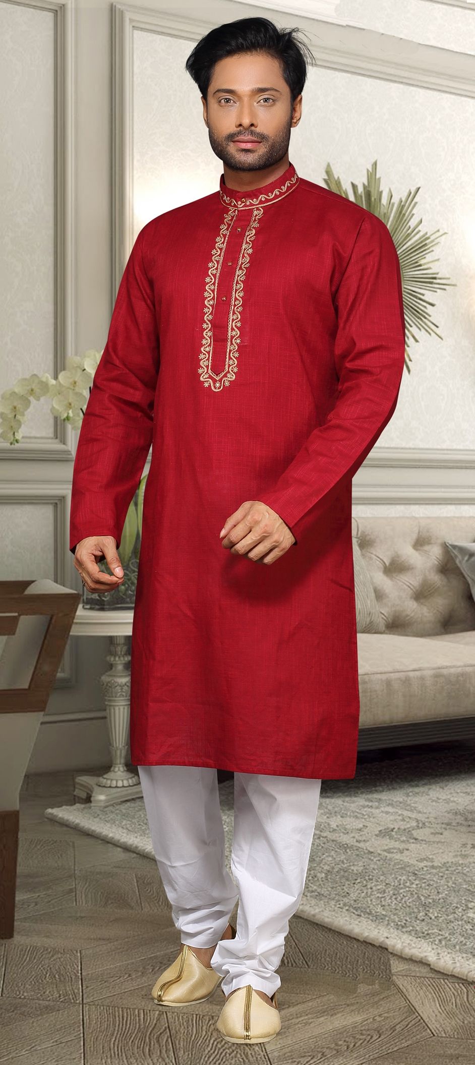 508311: Red and Maroon color Linen fabric Kurta Pyjamas
