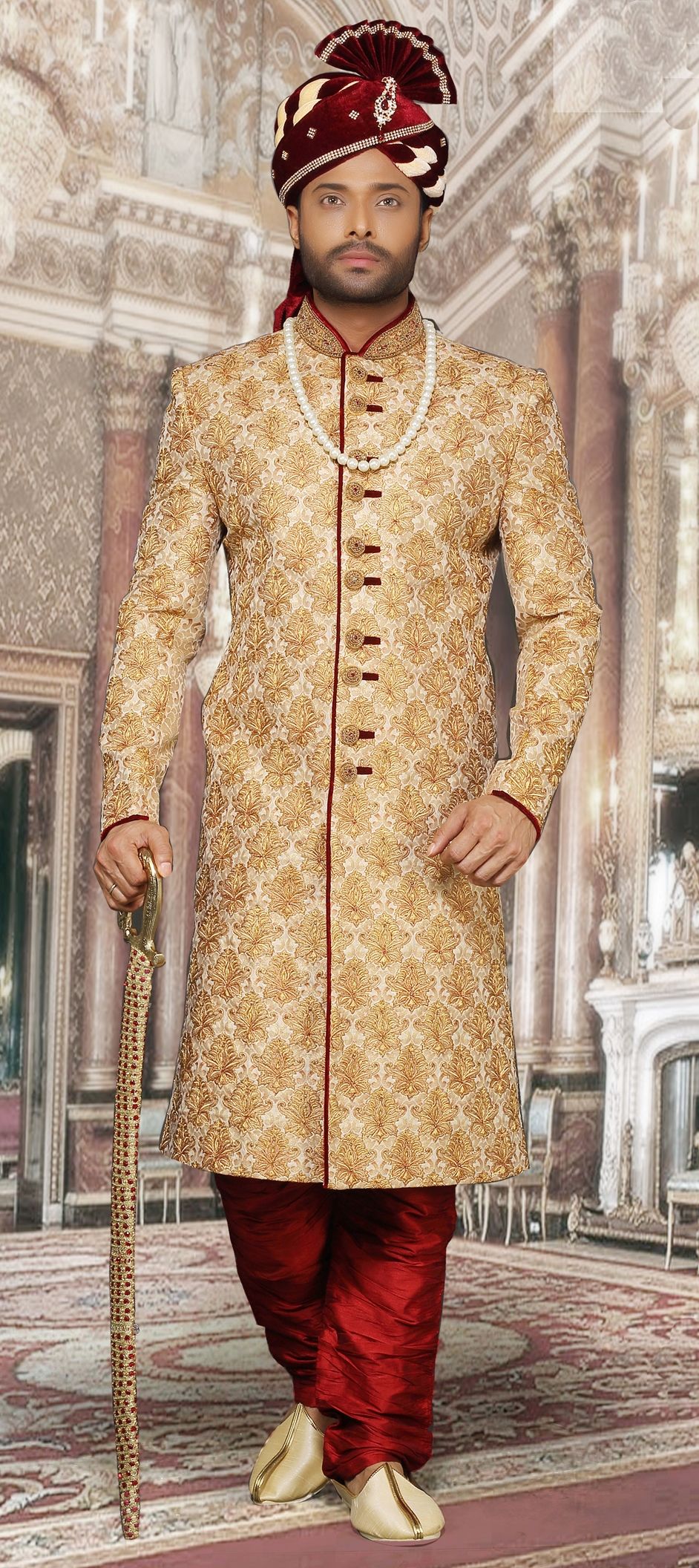 508329: Beige and Brown color Jacquard fabric Sherwani