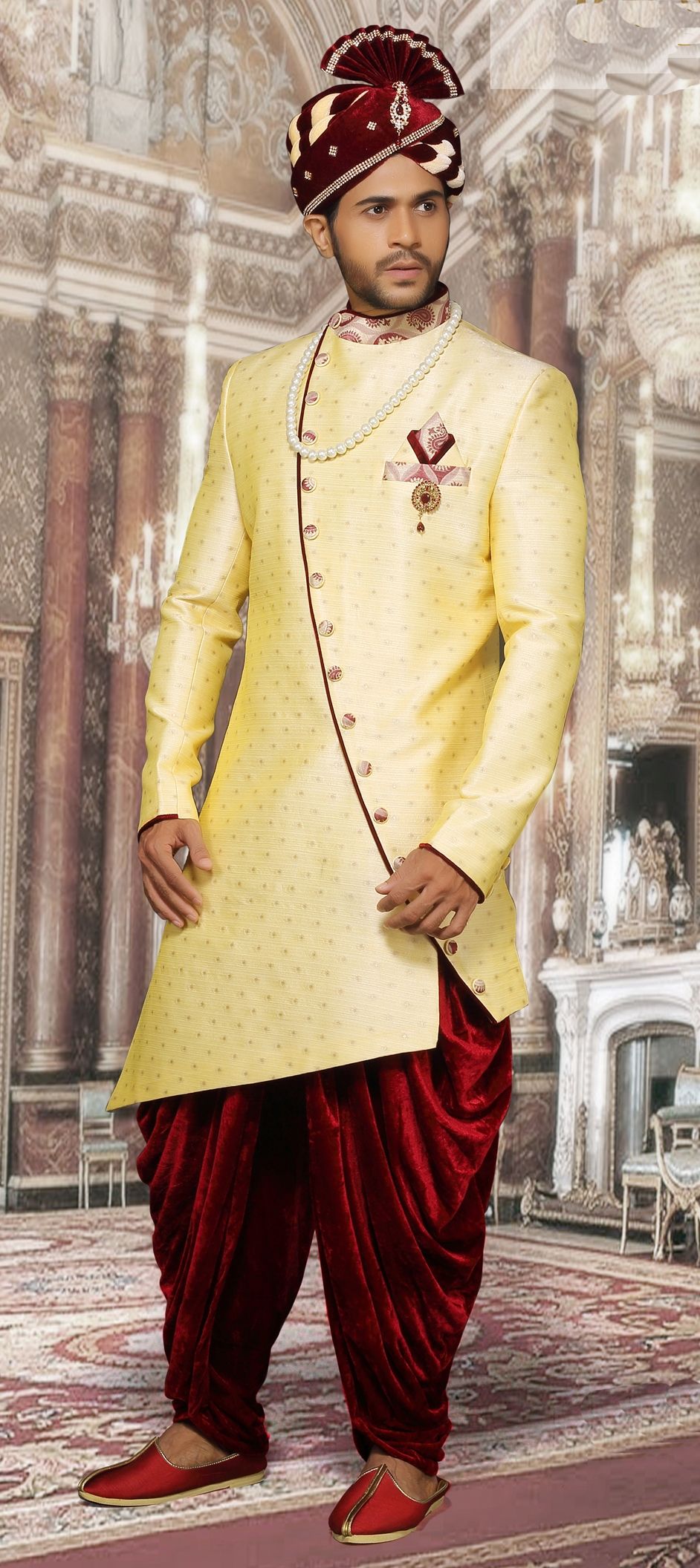 508355: Yellow color Raw Dupion Silk fabric Sherwani