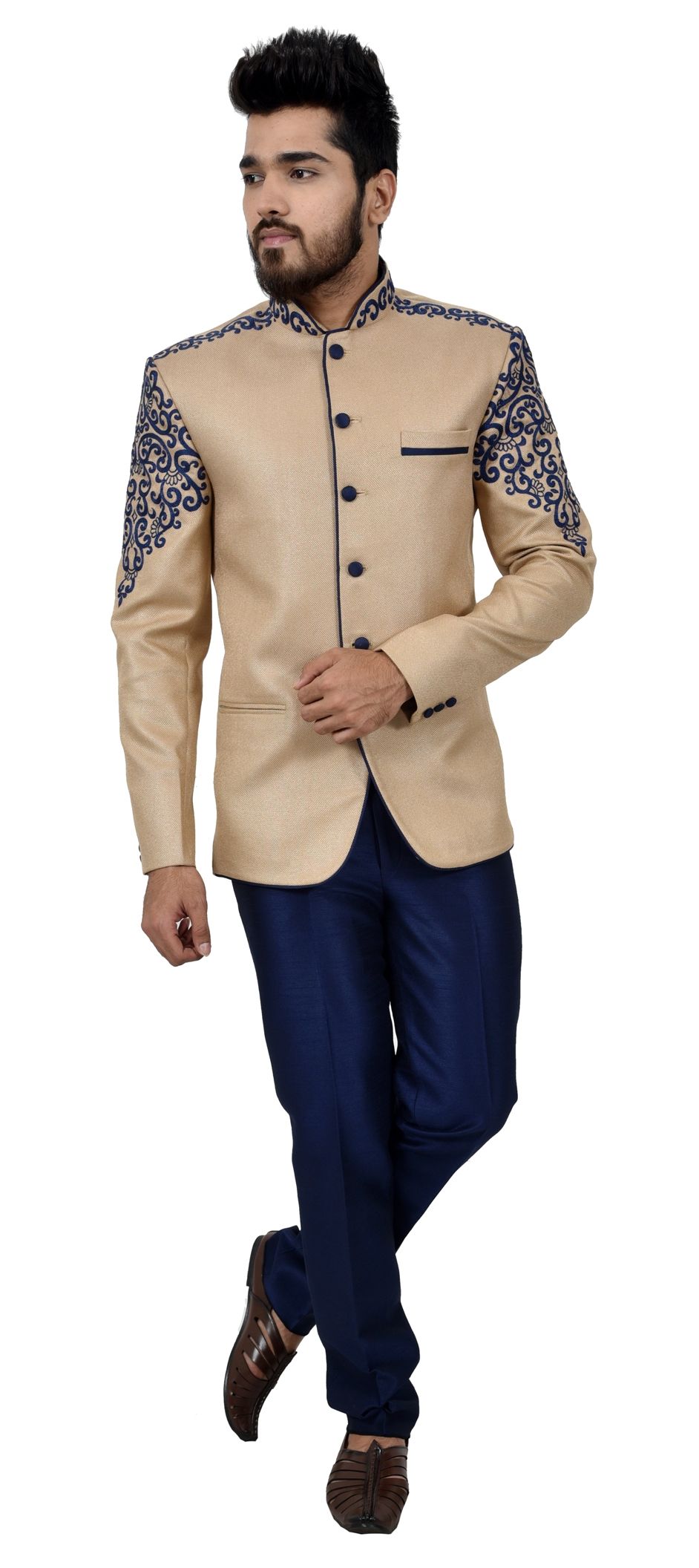 508491: Beige and Brown color Jute fabric Jodhpuri Suit