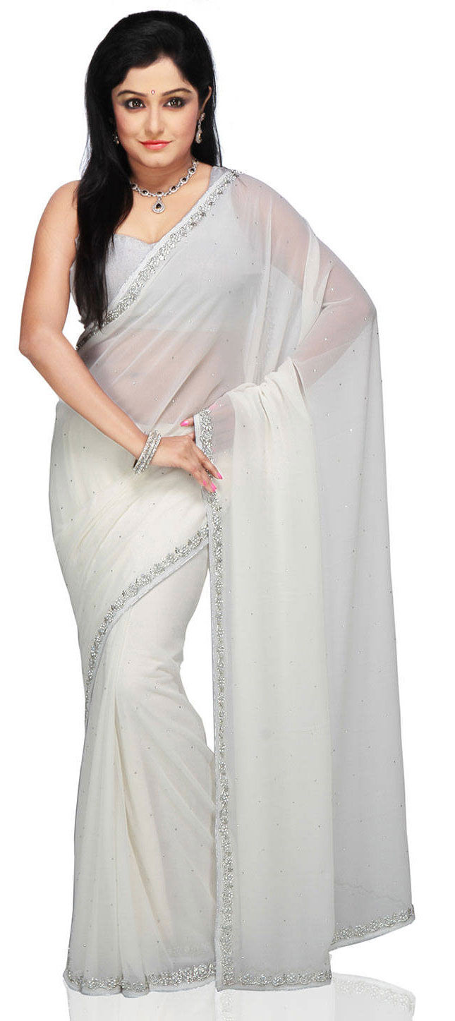 Party Wear White and Off White color Georgette fabric Saree : 702656