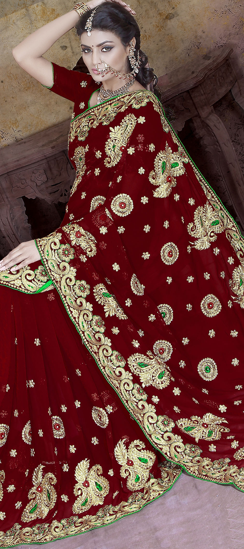 724659: Red and Maroon color family Bridal Wedding Sarees with matching ...