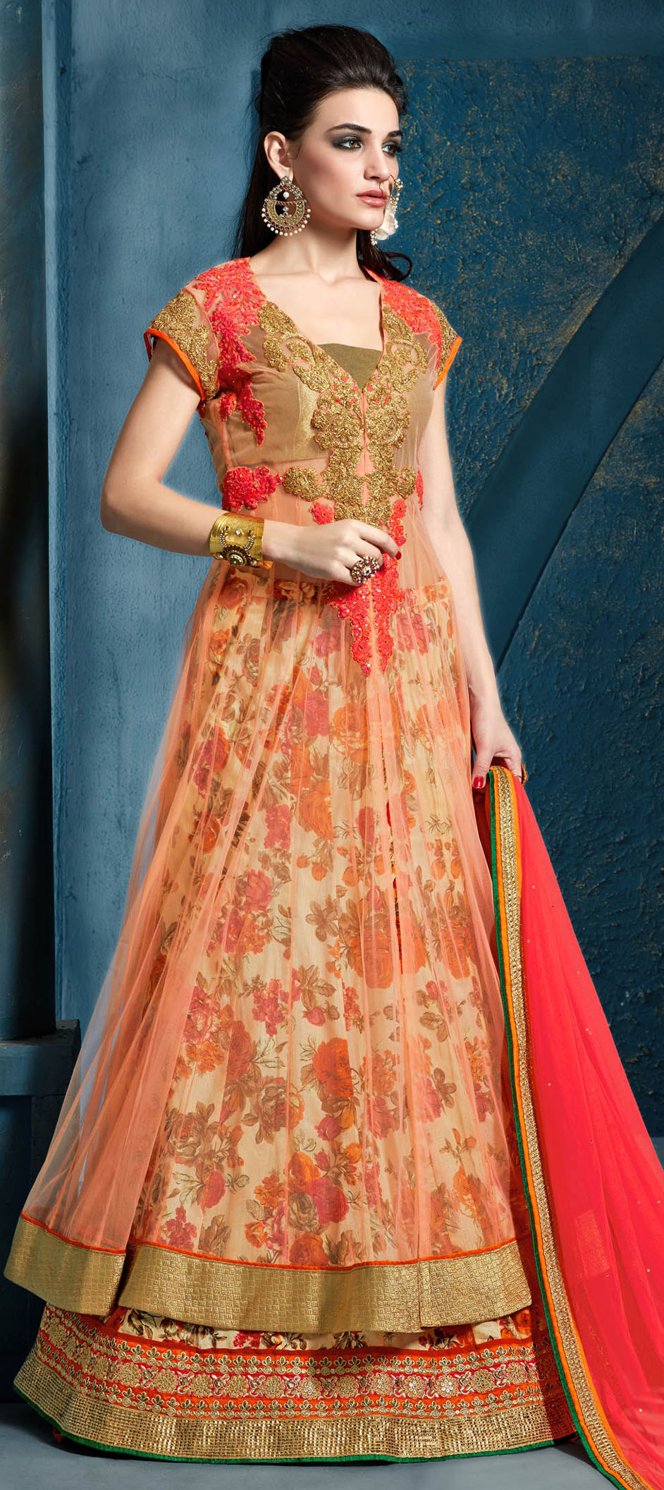733996: Beige and Brown color family stitched Long Lehenga Choli