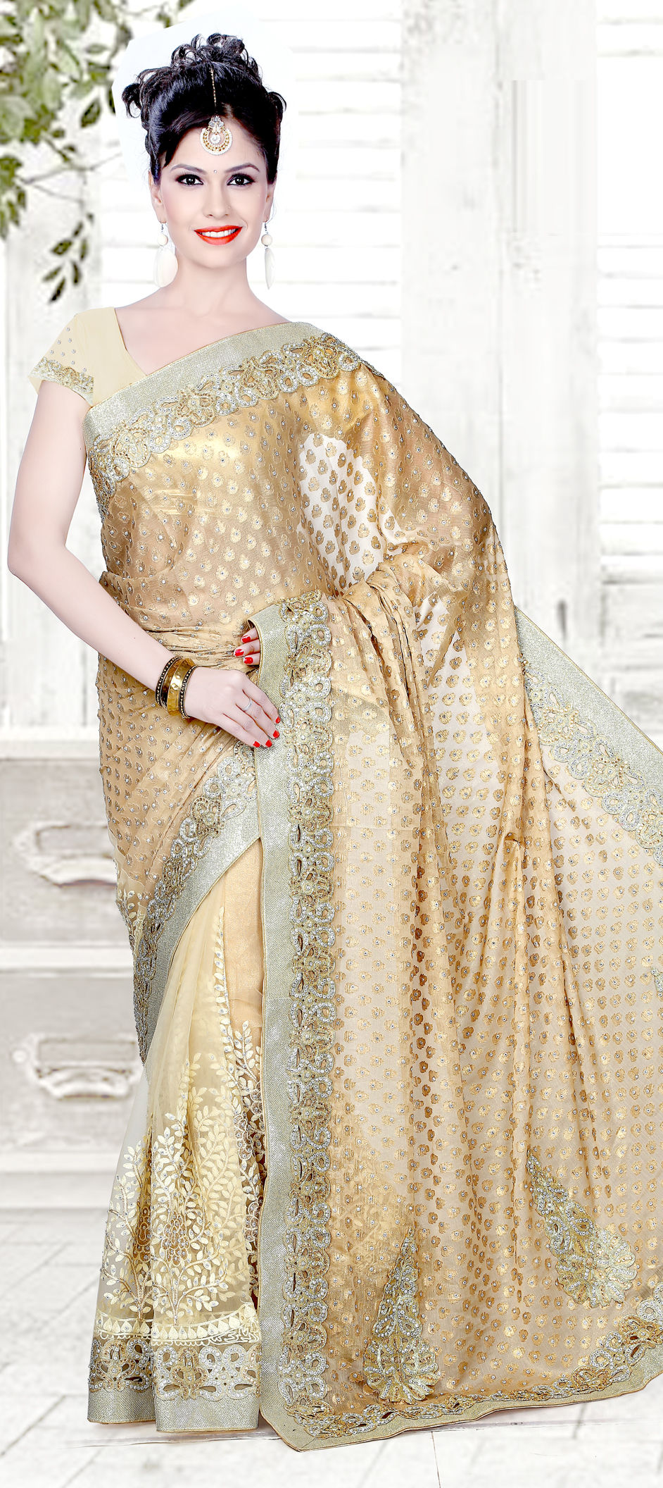 736980: Gold color family Embroidered Sarees, Party Wear Sarees with ...