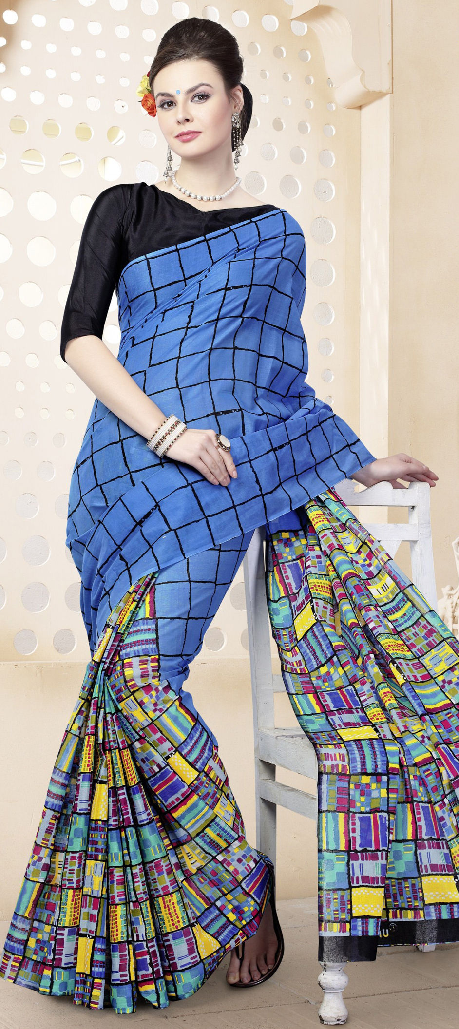 737373: Blue color family Printed Sarees with matching unstitched blouse.