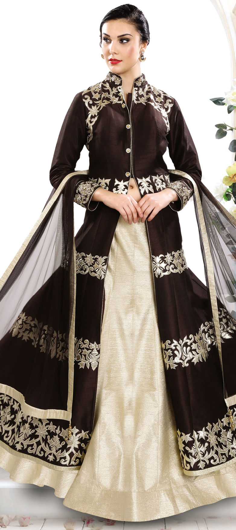 740502: Beige and Brown color family stitched Long Lehenga Choli
