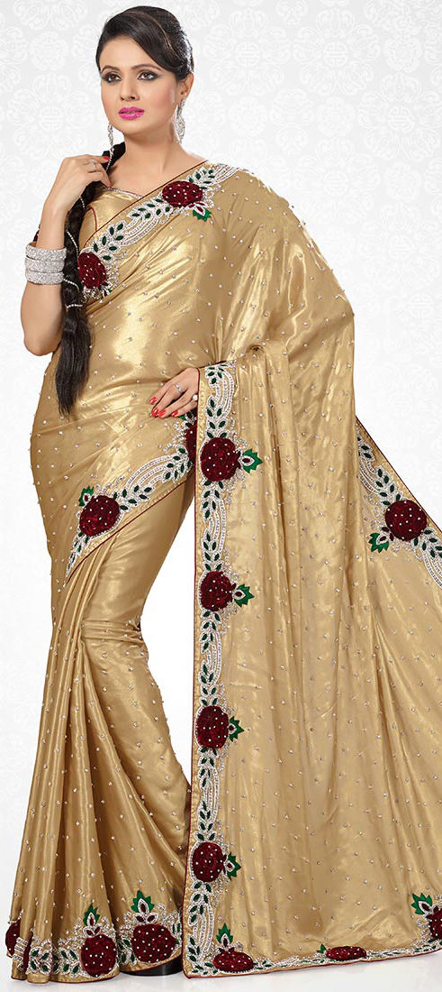 741220: Bridal, Party Wear, Reception Gold color Shimmer fabric Saree