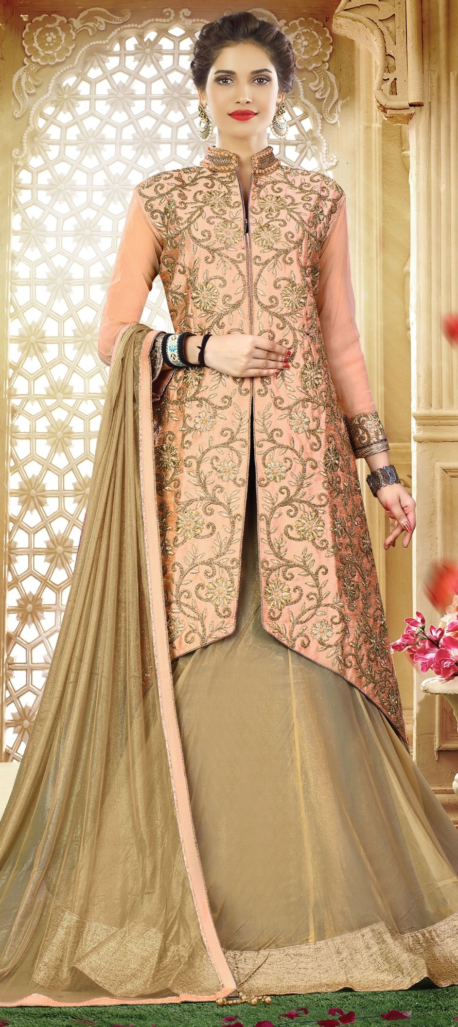 756199: Beige and Brown color family stitched Long Lehenga Choli