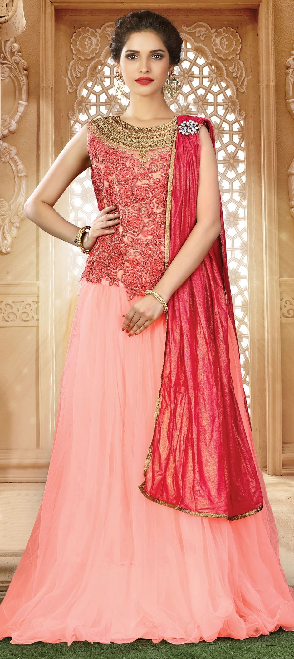 756200: Party Wear Pink and Majenta color Net fabric Long Lehenga Choli