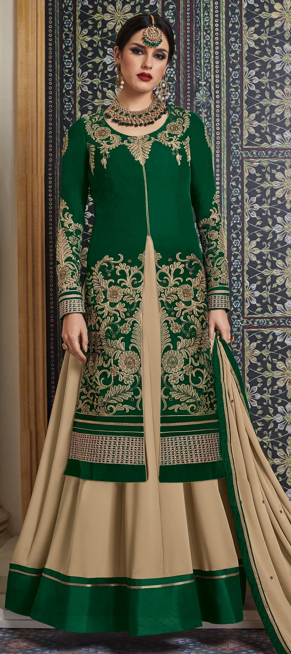 761182: Green color family stitched Long Lehenga Choli