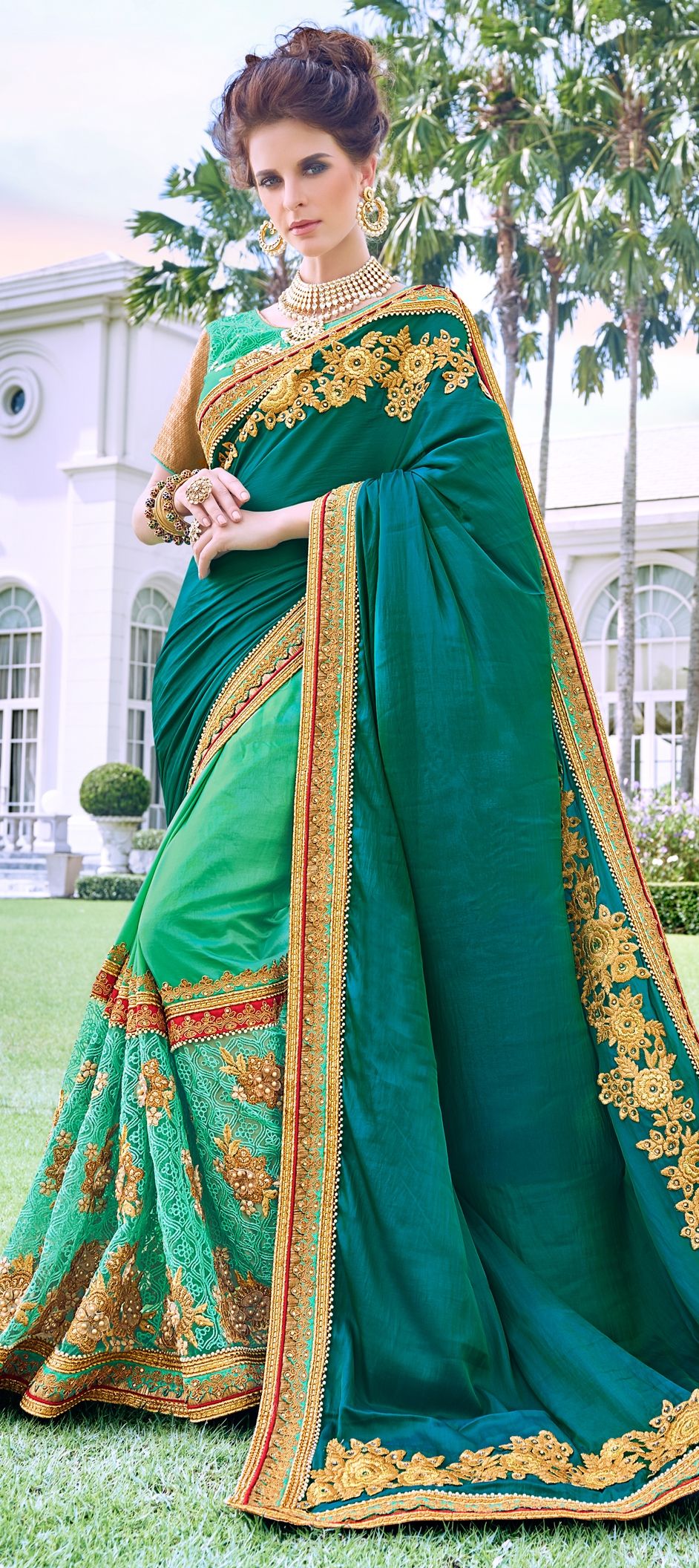 761496: Green color family Embroidered Sarees, Party Wear Sarees, Silk ...