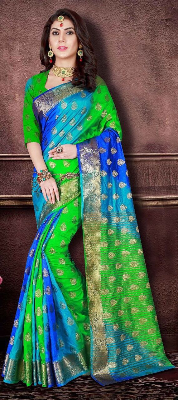 762149: Blue, Green color family Silk Sarees with matching unstitched ...