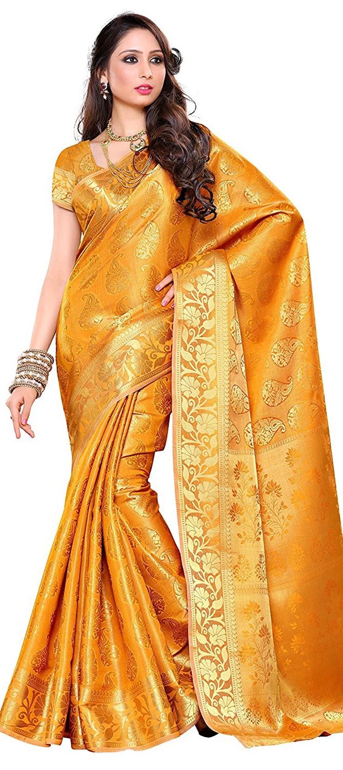 Traditional, Wedding Gold color Kanchipuram Silk, Silk fabric Saree ...