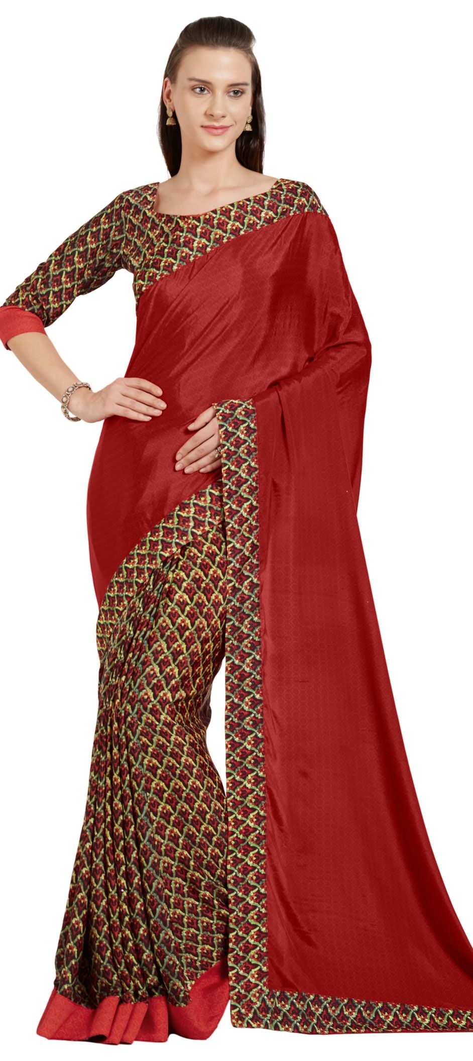 764522: Green, Red and Maroon color family Printed Sarees with matching ...