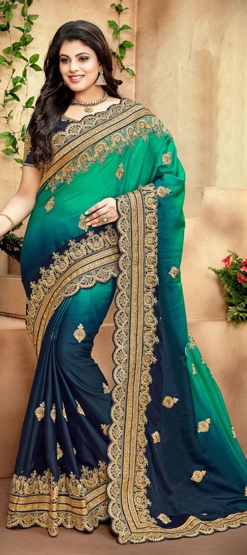 766095: Blue, Green color family Silk Sarees with matching unstitched ...