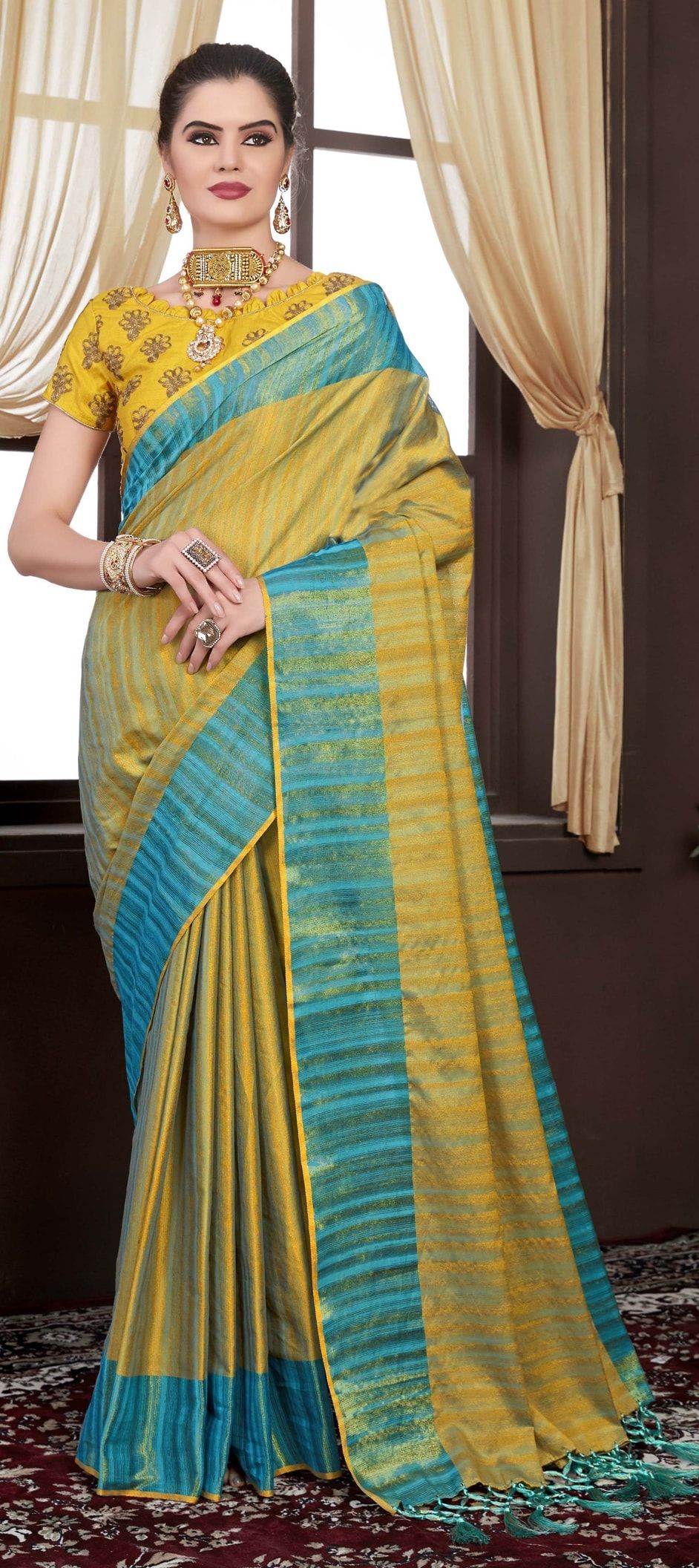 768109: Gold color family Printed Sarees, Traditional Sarees with ...
