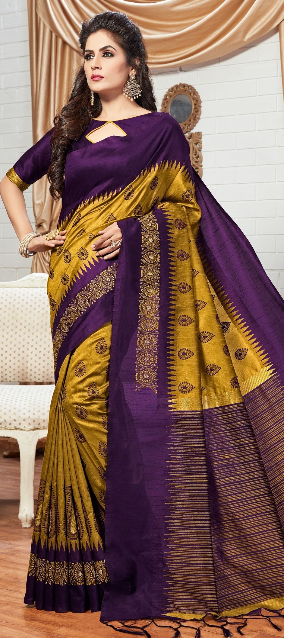 769084: Gold color family Silk Sarees with matching unstitched blouse.